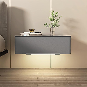 Smart Bedside Table, Wireless Charging Floating Nightstand with Drawers, Wall Mounted Nightstand with Adjustable Touch Sensing Lighting, Wall Night Table with Leather Surface for Bedroom(Color:Dark Gr