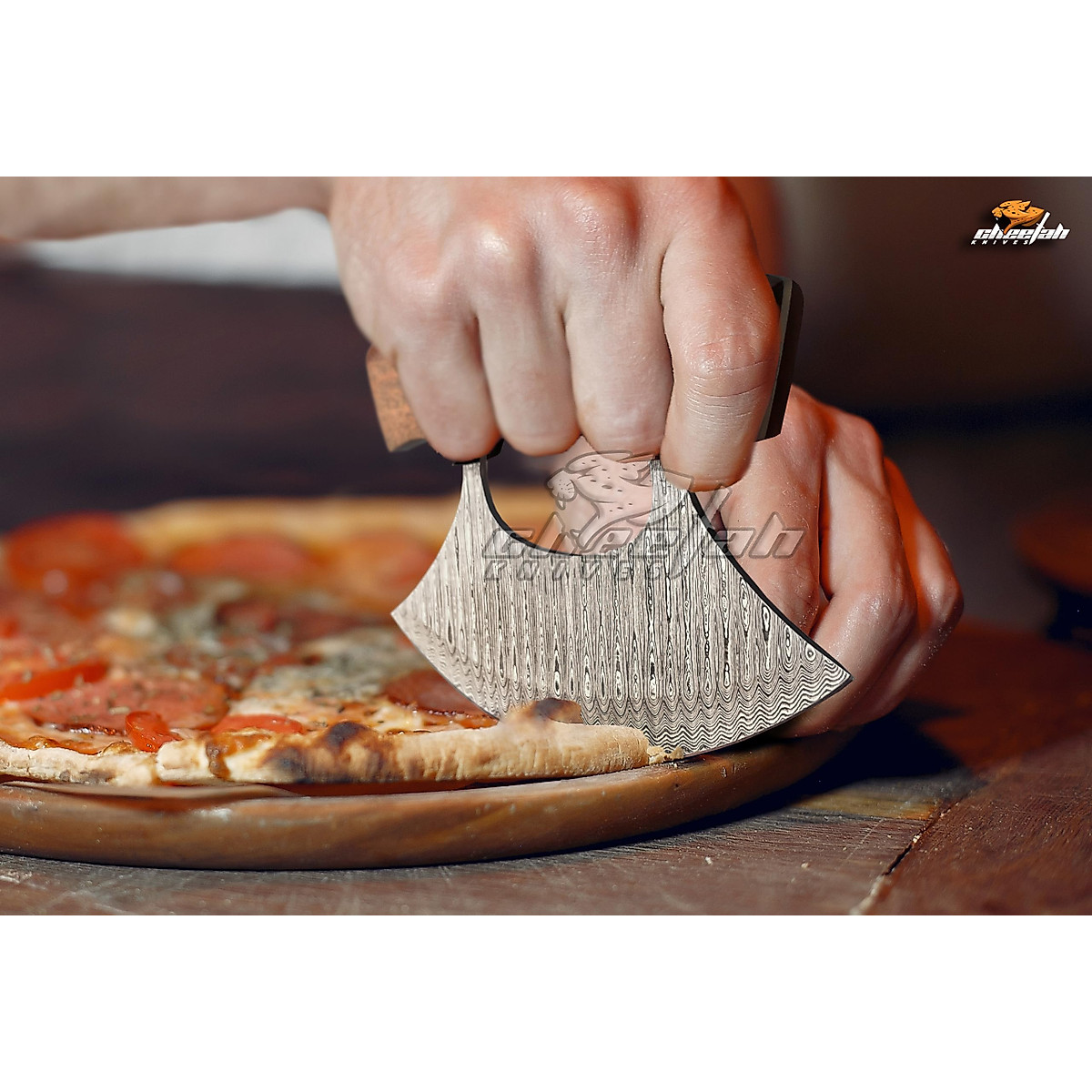 Damascus Ulu Knife with Leather Sheath- Authentic Damascus Steel Multipurpose Kitchen Tool for Chopping, Slicing, and Dicing