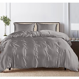 Linenwalas Tencel Lyocell Duvet Cover Set with Deep Pocket Fitted Sheet, Viscose Made from Eucalyptus Soft, Lightweight and Breathable Complete Bedding Set (Light Grey, Queen)