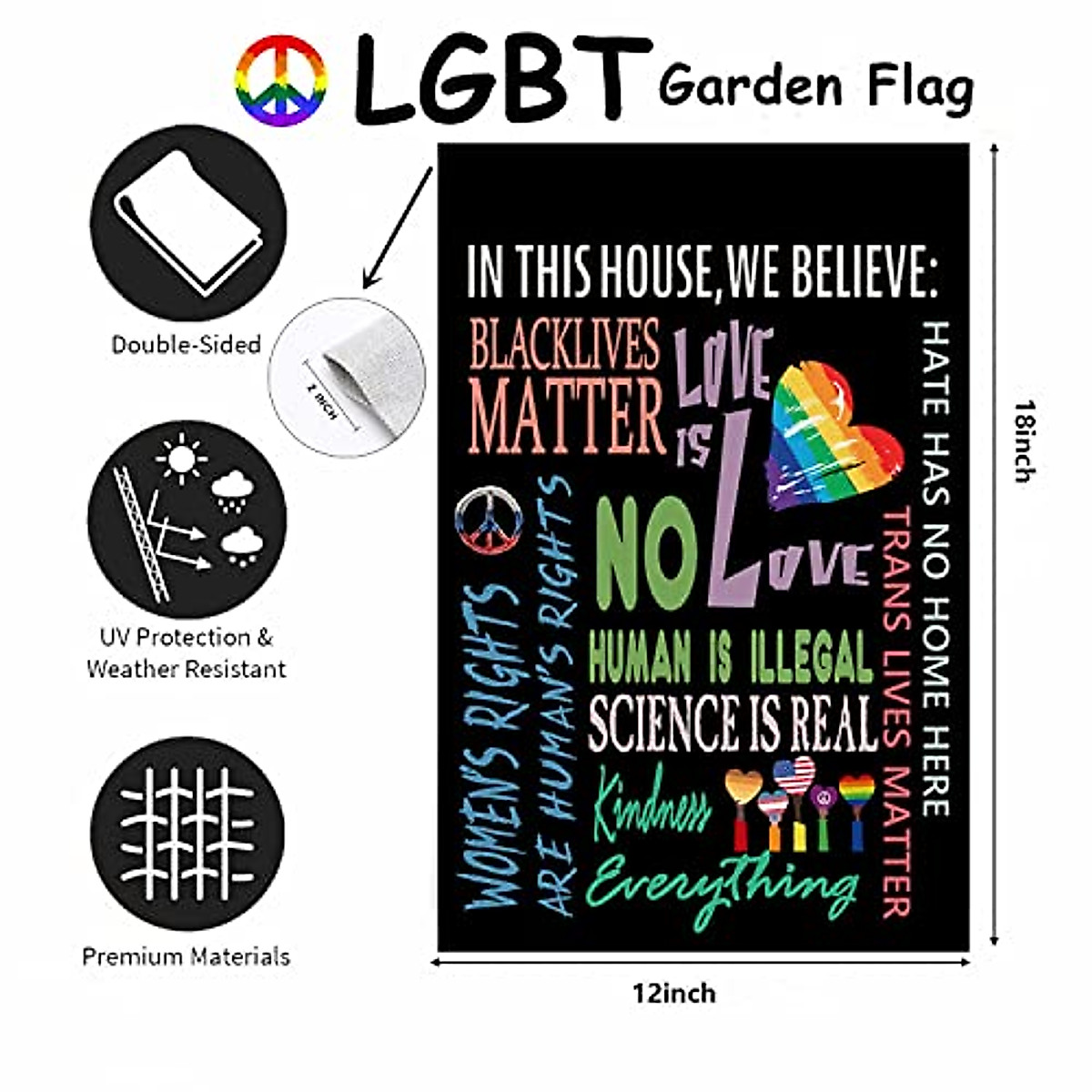 BUYITO In This House, We Believe Human-Kind Be Both Equality Garden Flag Love Is Love Black Lives Matter Garden Banner Vertical Double Sided Rustic Farmland Burlap Yard Lawn Outdoor Decor 12x18"