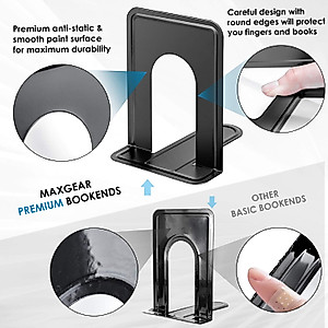 MaxGear Book Ends Universal Premium Bookends for Shelves, Non-Skid Bookend, Heavy Duty Metal Book End, Book Stopper for Books/Movies/CDs/Video Games, 6 x 4.6 x 6 in, Black (2 Pairs/4 Pieces, Large)