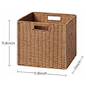 UBBCARE 3 Pack Wicker Basket, 11L×11H×10.5W inch Woven Paper Rope Storage Baskets for shelves, Foldable Cube Storage bin with Handle, Storage Basket for Organizing & Decor,Caramel