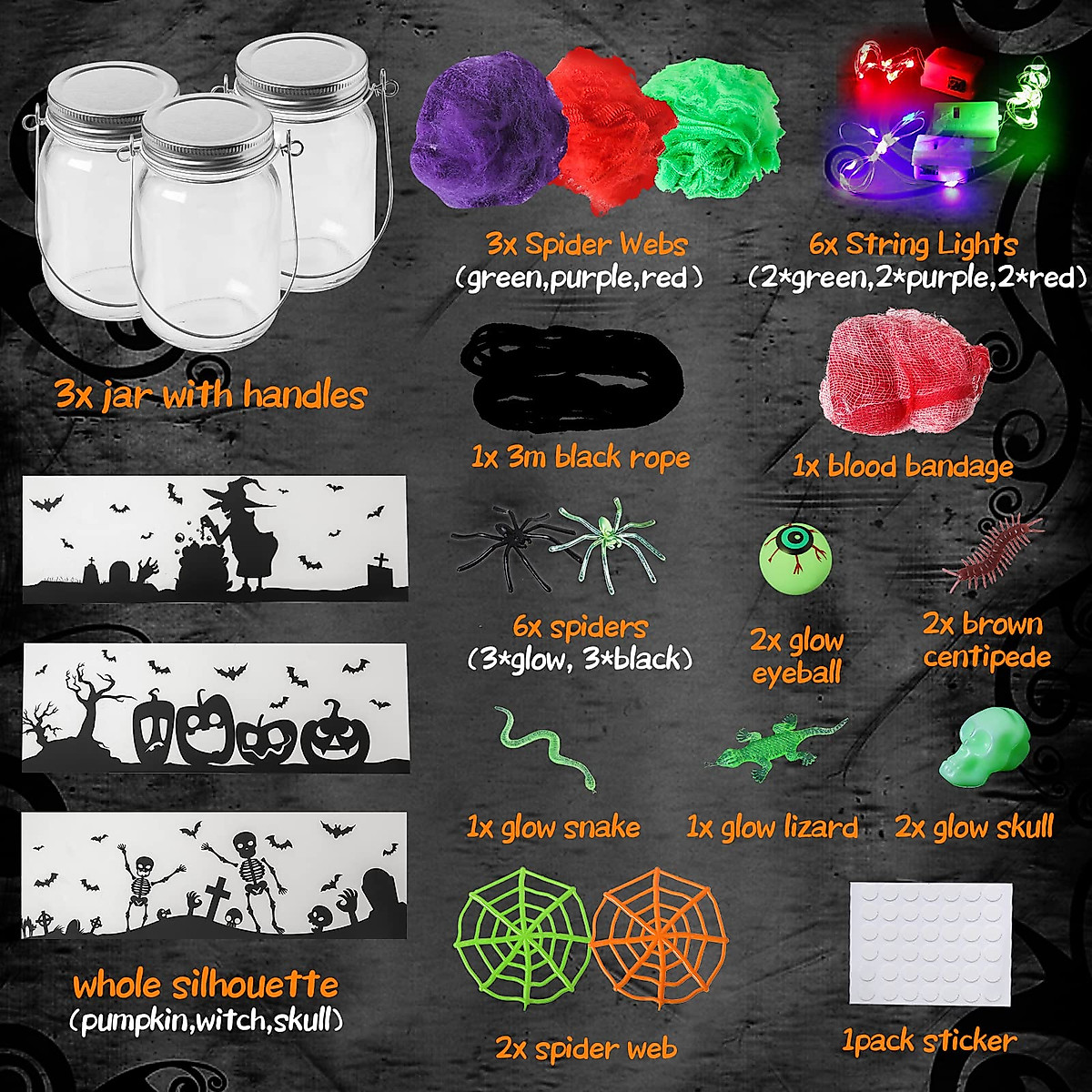 Halloween Crafts Activities For Kids Ages 4-12 ,3 pcs Glass Mason Jar for School Halloween Art Activities,Classroom Prizes,Halloween Craft Supplies,DIY Lantern Jar for Gifts Halloween Party Favors