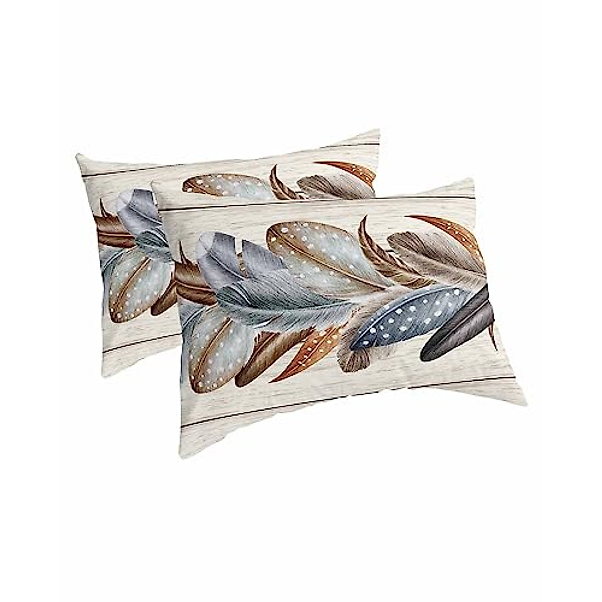 Edwiinsa Brown Blue Feather Pillow Covers Standard Size Set of 2 Bed Pillow, Farmhouse Wooden Striped Grain Plush Soft Comfort for Hair/Skin Cooling Pillowcases with Envelop Closure 20''x26''
