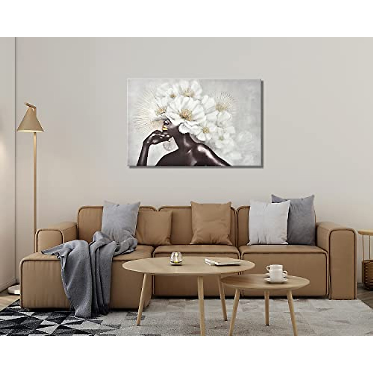 ARTINME Framed African American Black Art Women with Glod Flowers Wall Art Hand-Painted on Canvas Print Wall Picture for Home Accent Living Room Wall Deco 24"x36"