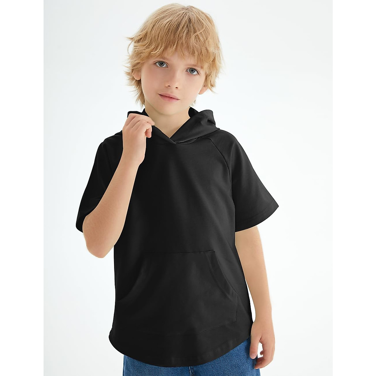 Spring&Gege Boys Light Weight Short Sleeve Hoodie Casual Solid Pullover Hooded T-shirt with Pocket, Black, 9-10 Years