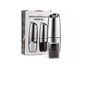 Gravity Electric Salt and Pepper Grinder Set, Battery operated, Stainless Steel, Adjustable Coarseness, LED light, One Hand Automatic Operation, 2 pack
