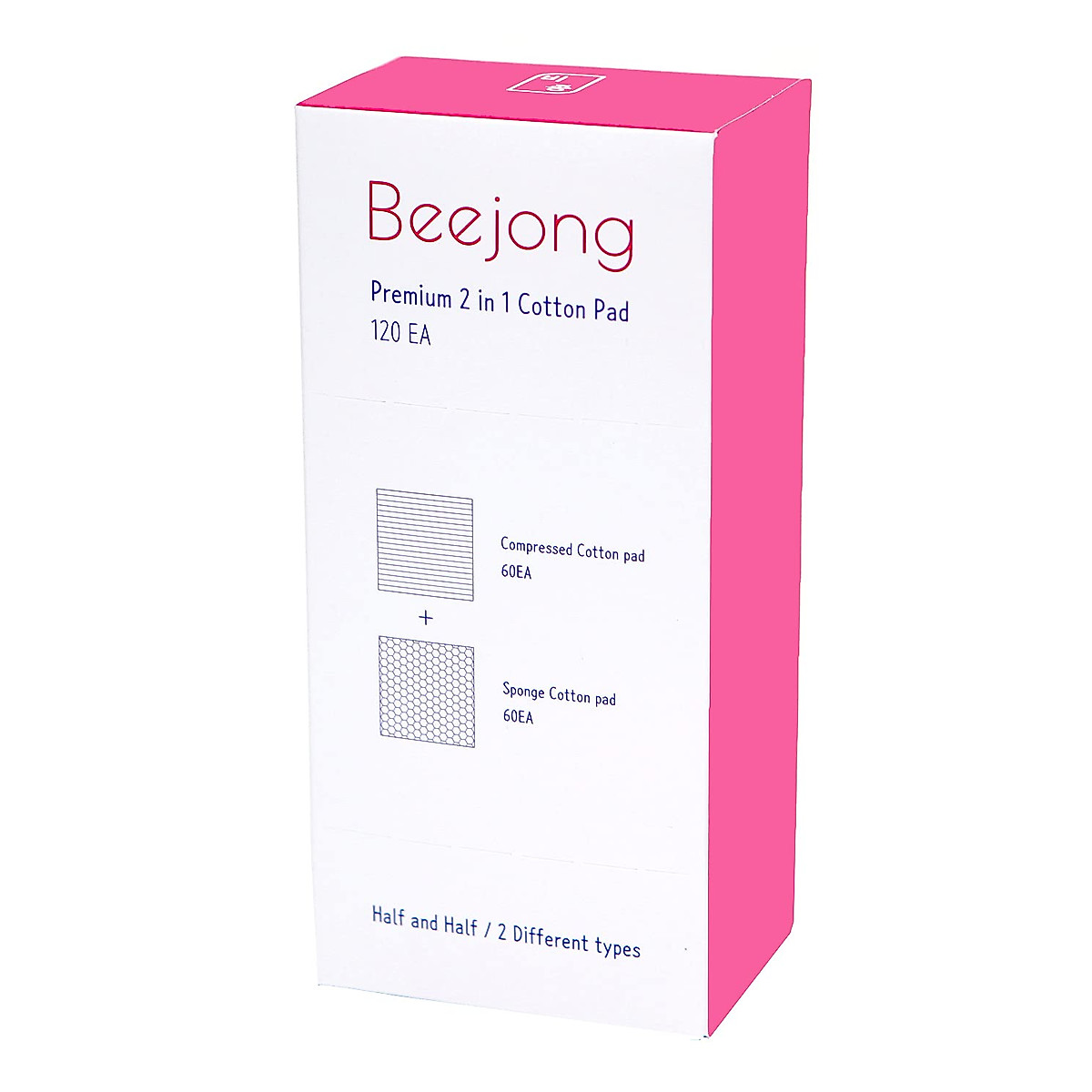 Beejong [120EA] Premium 2 in 1 Facial Cleansing Square Cotton Pads - Two Types of Face Wipes Cotton Pads for Toner, Makeup Remover | Compressed 60EA & Sponge 60EA | Made in Korea (1 Pack)
