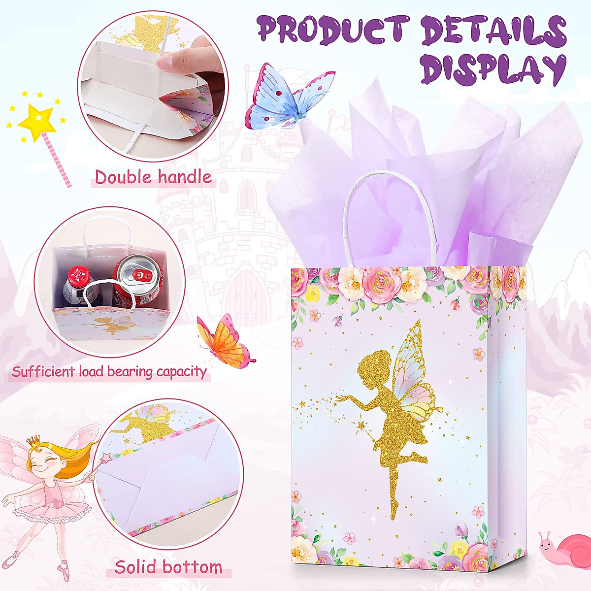 16 Pieces Floral Fairy Gift Bags with Tissue Paper Pink and Purple Floral Fairy Goodie Gift Treat Bags Spring Themed Bags Butterfly Baby Girl Paper Bags for Girl Kid Birthday Baby Shower Party