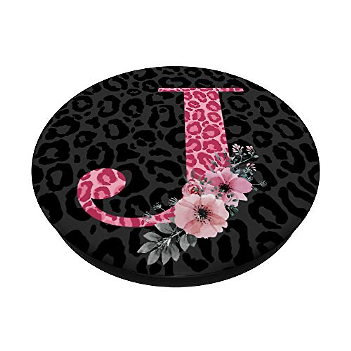 Letter J Initial Flower Pink and Black Leopard Print PopSockets Swappable PopGrip
