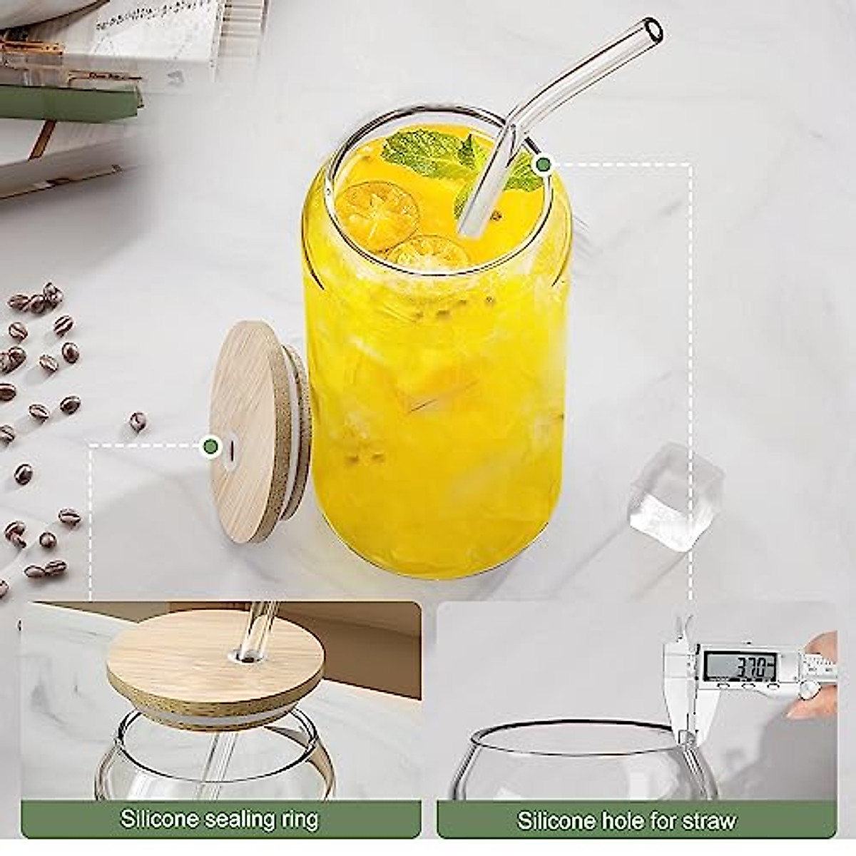 4 PCS Glass Cups with Bamboo Lids and Glass Straws and Stainless Steel Stirring Spoon. 16 Oz Can Shaped Ice Glass Coffee Cups, Drinking Glasses and Beer Glasses and for Whiskey, Tea, Soda, Water