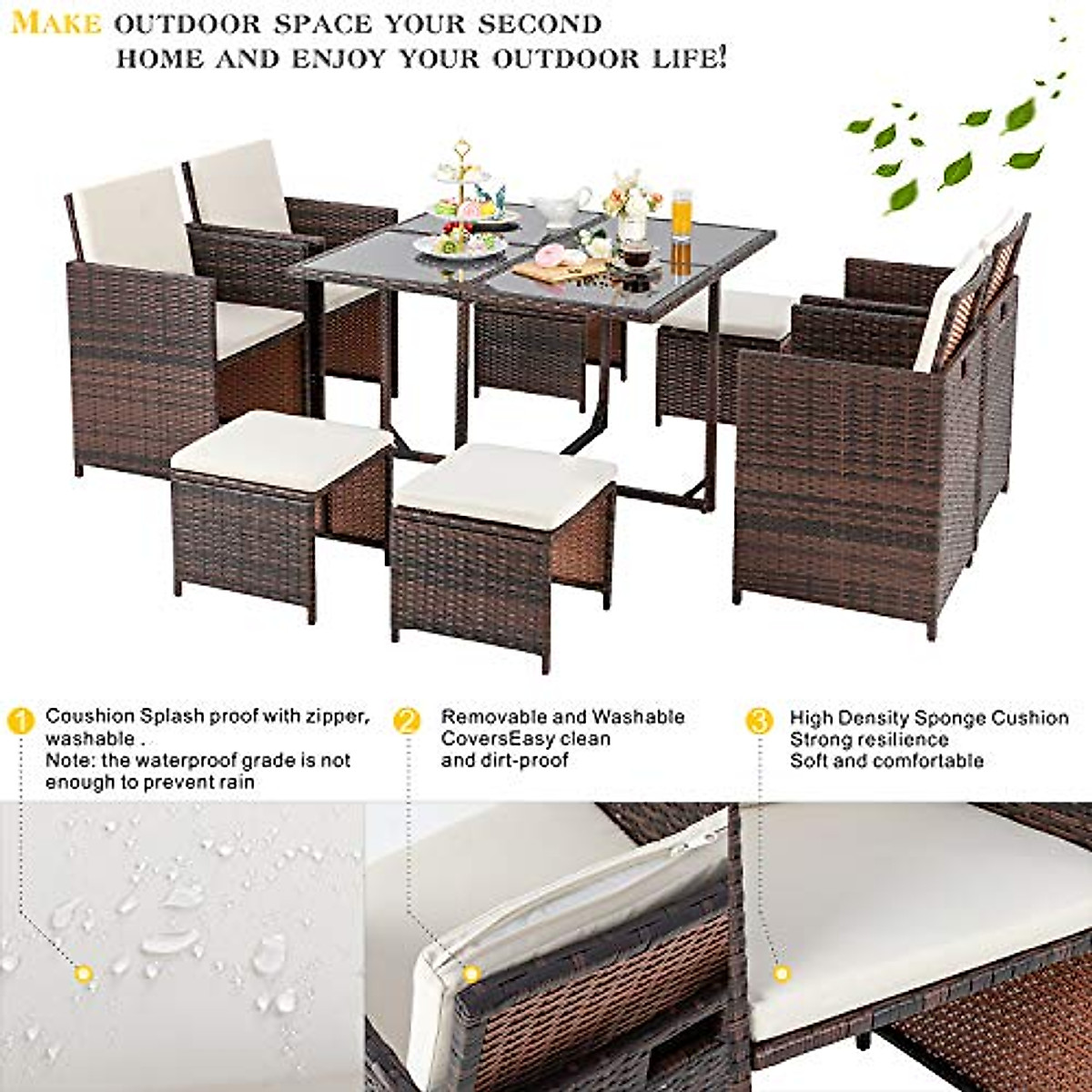 Vongrasig 9 Piece Small Patio Dining Set, Outdoor Space Saving PE Wicker Dining Patio Furniture Conversation Set w/Glass Patio Dining Table & Cushioned Rattan Chairs for Lawn Garden Backyard (Beige)