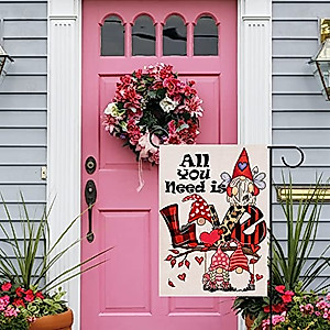 Furiaz All You Need is Love Gnomes Couple Valentine's Day Garden Flag, Buffalo Plaid Check Leopard Hearts Yard Anniversary Outdoor Decoration, Wedding Engagement Outside Small Decor Double Sided 12x18