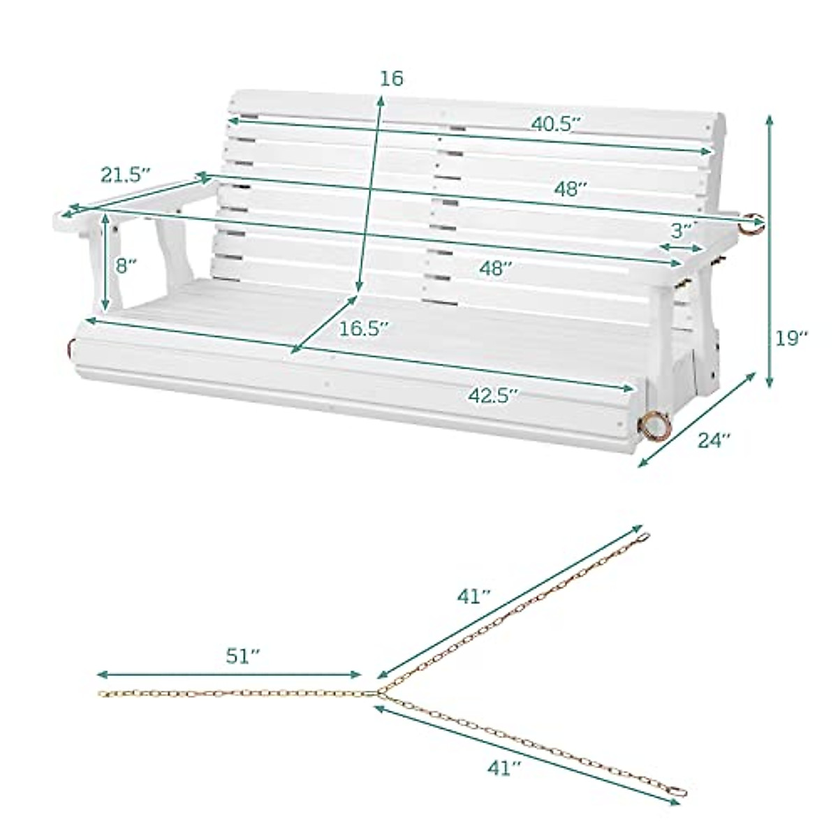 Giantex Wooden Porch Swing 2 Seat - Outdoor Swinging Chairs with Hanging Chains, 600 lbs Weight Capacity, 4 FT Finished Fir Wood Bench Swing for Patio, Outside, Garden, Lawn, Backyard (White)