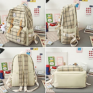 DAHUOJI 5Pcs Kawaii Backpack Set with Badge & Duck Pendant,Japanese Aesthetic Check Bookbag for Girls Cute Plaid School Bags Comes with Tote Bag,Shoulder Bag,Pencil Box,Small Bag(Green,16in)