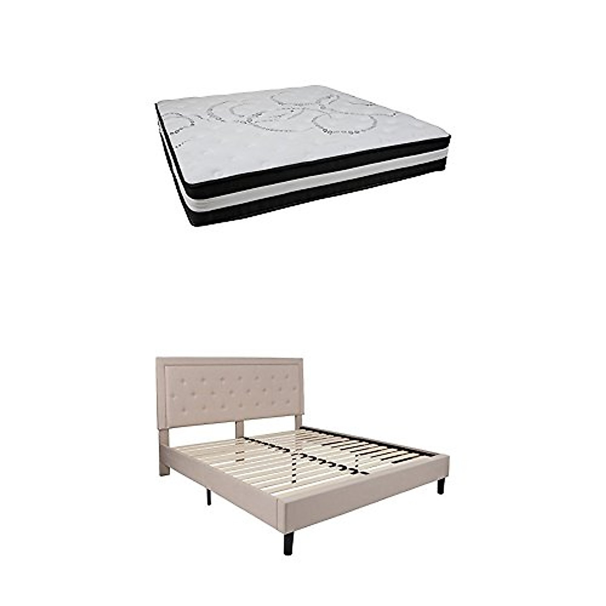Flash Furniture Roxbury King Size Tufted Upholstered Platform Bed in Beige Fabric with Pocket Spring Mattress