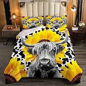 Feelyou Highland Cow Comforter Set Sunflower Cow Skin Decor Bedding Set for Kids Boys Girls Grey Bull Cattle Comforter Western Funny Animal Quilt Set Room 2Pcs Twin Size