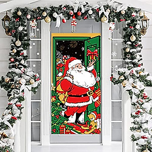 3 Pieces Christmas Door Cover Christmas Door Decorations Plastic Santa Claus Xmas Theme Cover for Front Door Restroom Indoor Outdoor Santa with Gifts Party Decoration, 30 Inch x 5 ft