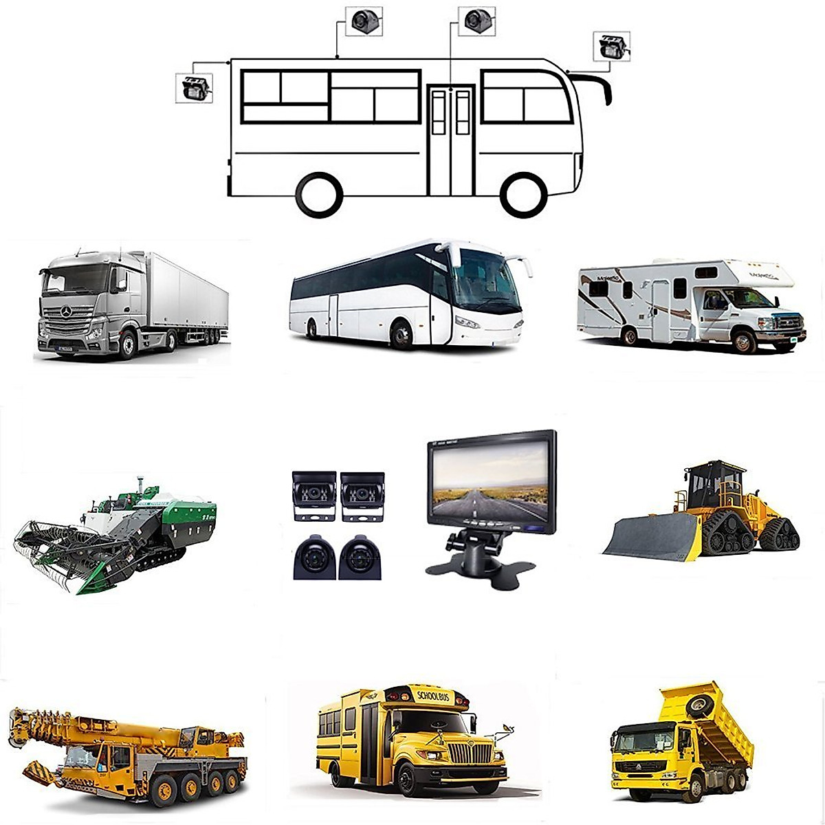 Backup Camera Kit 7 inch 4-Spilt Monitor Rear View Cameras with IP 67 Waterproof 18 IR Night Vision Car Camera for Tucks, RVs,Trailers,Bus,Vans + 4pcs 10m/393.7inch Cables