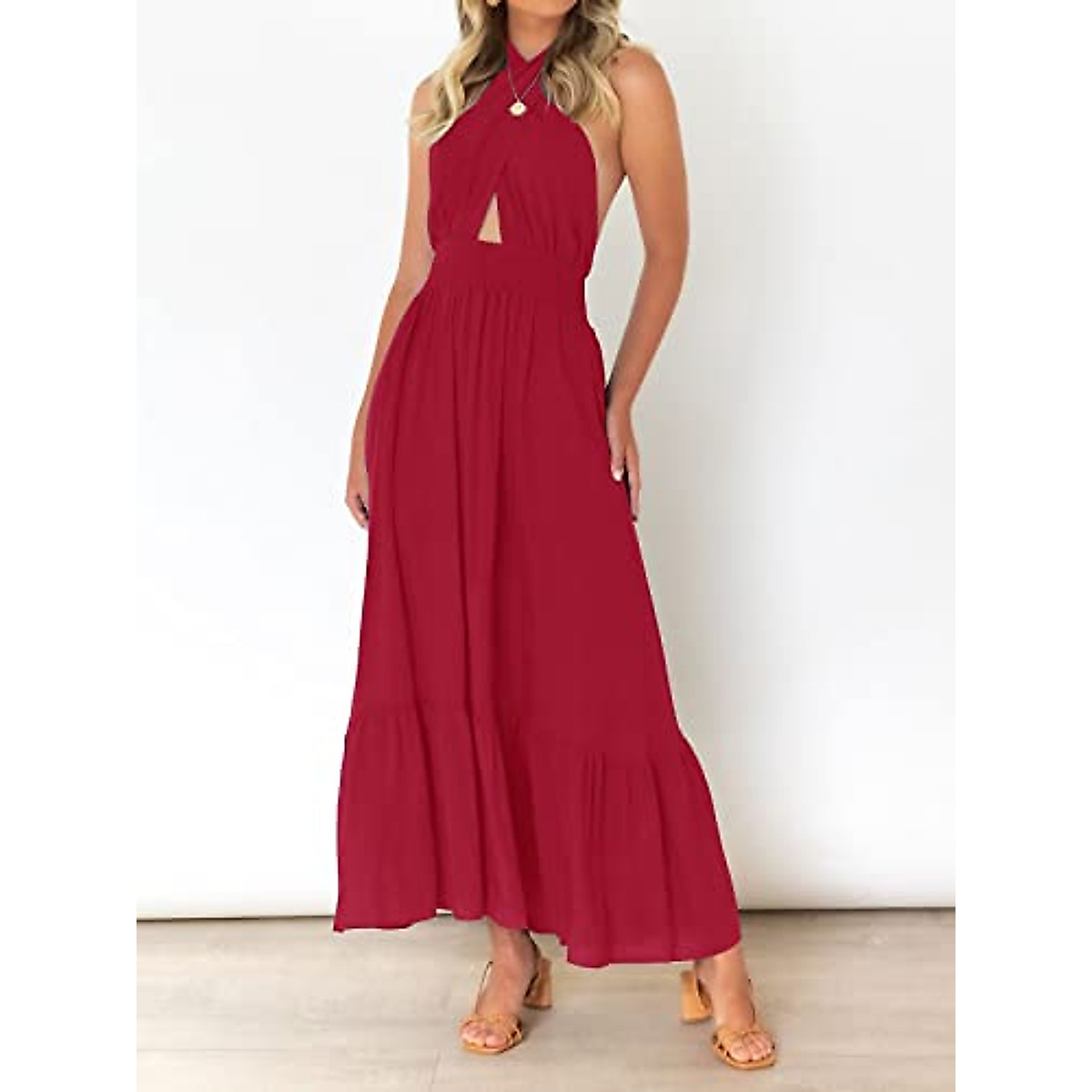 ZESICA Women's 2023 Summer Crossover Halter Neck Sleeveless Plaid Cut Out Backless Flowy A Line Maxi Dress,Red,Medium