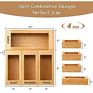NC Ziplock bag storage organizer, 4 separate Baggie Organizer for Drawer，Bamboo Organizer Compatible with Gallon, Quart, Sandwich and Snack Variety Size Bag