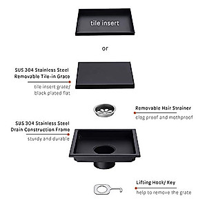 Orhemus 304 Stainless Steel Square Shower Floor Drain with Tile Insert Grate Removable Cover 6 inch Long, Matte Black Plated Finished