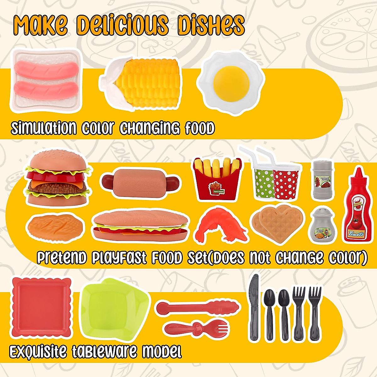 Toy Air Fryer Kids Play Kitchen with Hamburger Fries Cola Fried Chicken Cookware, Kitchen Playset Toy Play Kitchen Accessories for 3 -5,4-8 Year Old Boys Girls Toddlers