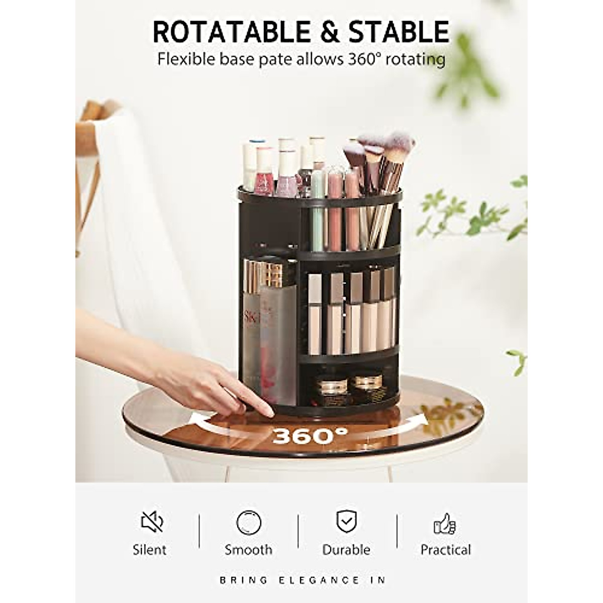 Syntus 360 Rotating Makeup Organizer, DIY Adjustable Bathroom Makeup Carousel Spinning Holder Rack, Large Capacity Cosmetics Storage Box Vanity Shelf Countertop, Fits Makeup Brushes, Lipsticks, Black