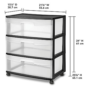 Plastic Storage Drawer Cart, Medium Home Organization Storage Container with 3 Large Clear Drawers With Wheels (BLACK)
