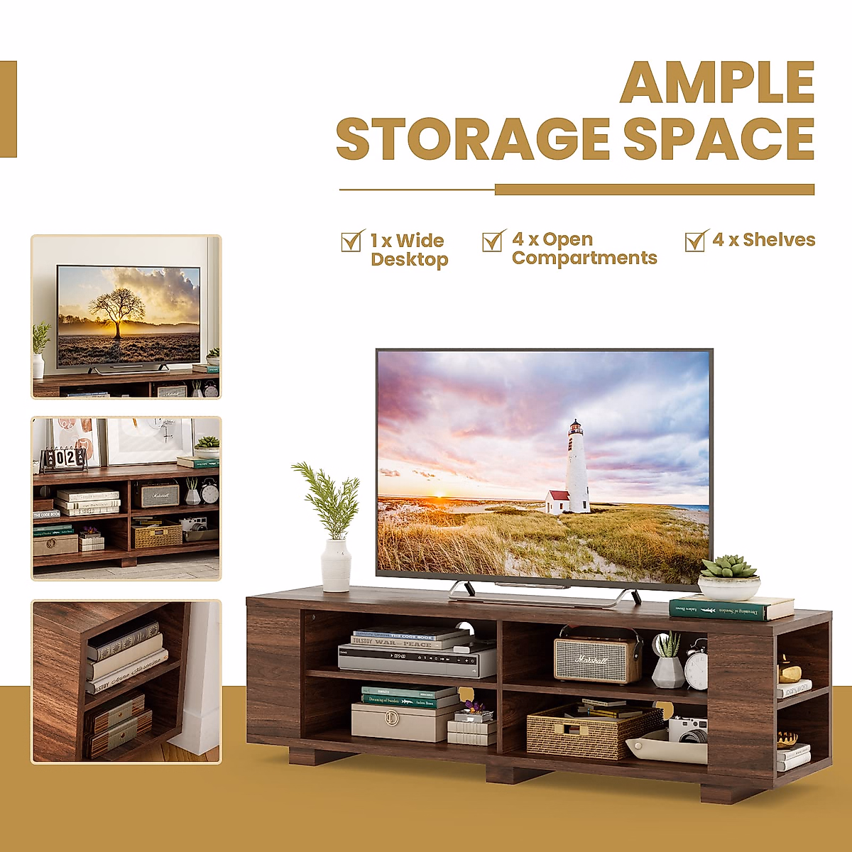 Tangkula Wood TV Stand for TVs up to 65 Inch Flat Screen, Modern Entertainment Center with 8 Open Shelves, Universal TV Storage Cabinet for Living Room Bedroom, TV Console Table (Walnut)