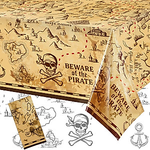 Irenare Pirate Party Tablecloth Treasure Map Tablecover Plastic Island Treasure Table Covers Pirate Nautical Party Supplies for Treasure Theme Birthday Party Decoration, 54 x 108 Inches (1 Piece)