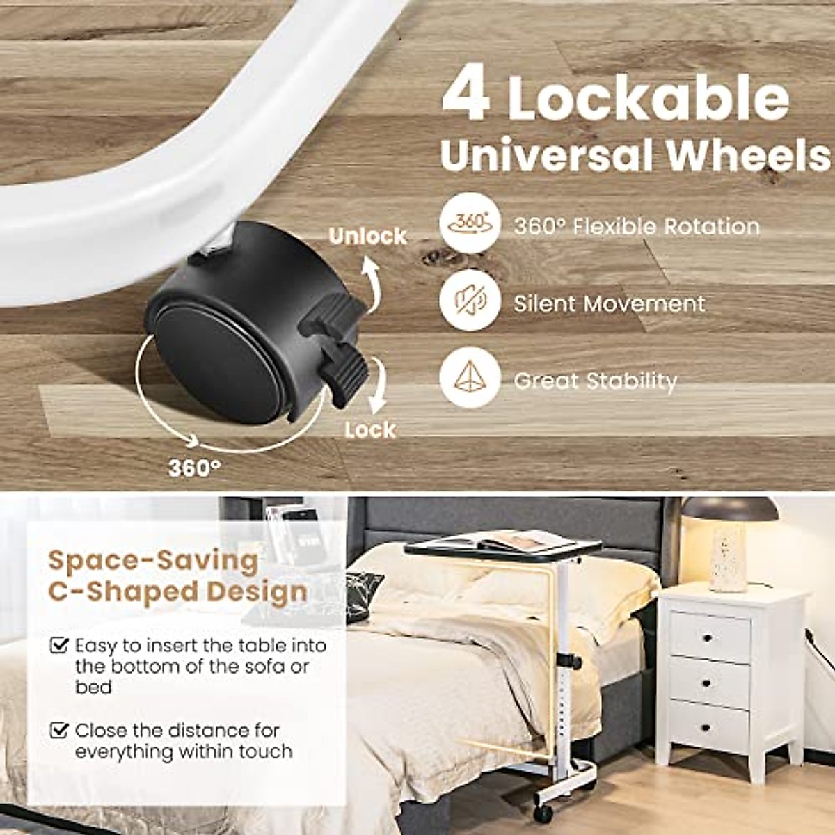 Tangkula Overbed Table with Wheels, Rolling Bedside Table with 9-Level Adjustable Height 29”-37”, Multi-Angle Tilt Tabletop, C Shaped Hospital Bed Table Laptop Desk, Sofa Bed Wheelchair Side Table