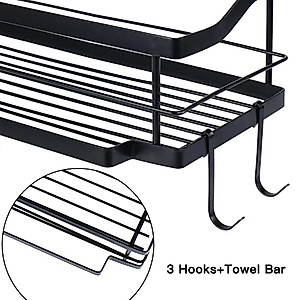 Sinminou Adhesive Shower Caddy With 5 Hooks & 2 Tower Hanger, Rustproof SUS304 Stainless Steel Shower Shelf Basket, Wall Mounted No Drilling Shower Organizer Shampoo Holder - 2 Pack (Black)