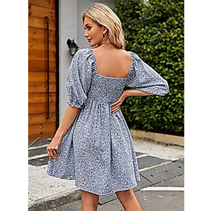 Blooming Jelly Womens Floral Babydoll Dress Square Neck 3/4 Puff Sleeve Dress Boho Mini Cute Sun Summer Casual Trendy 2023 Ladies Dresses with Pockets (Medium, Light Blue)
