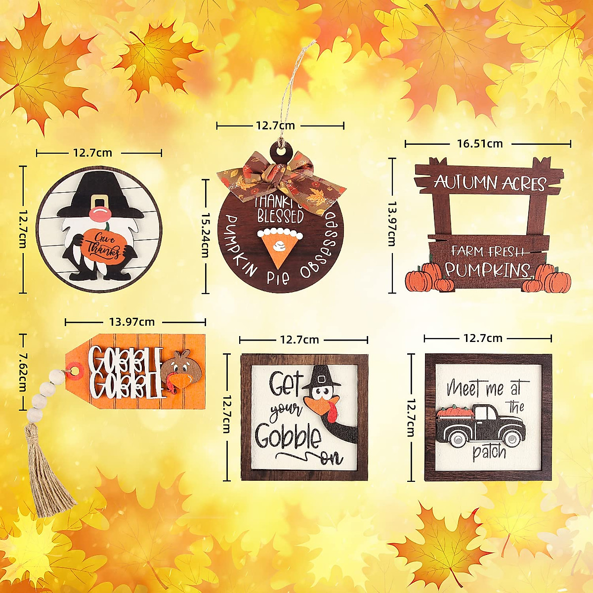 6 Pieces Thanksgiving Decoracion Fall Tiered Tray Decor,Pumpkin Turkey Gnomes Fall Wooden Tiered Tray Decor Top Decor Table Signs for Home Farmhouse Tabletop