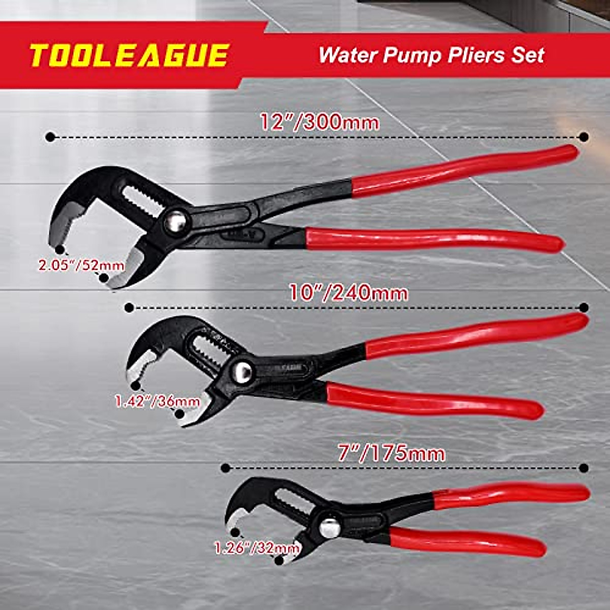TOOLEAGUE Water Pump Pliers Set, Plumbing Pliers, 7-inch 10-inch 12-inch Groove Slip Joint Set, Push Button Quick Adjustable Pliers