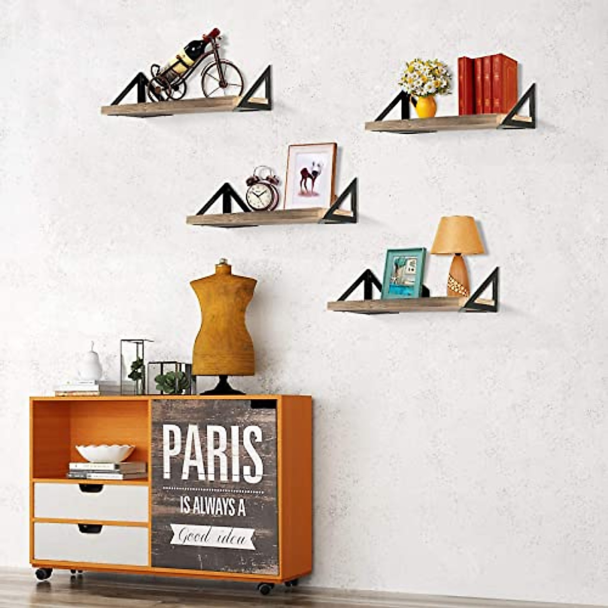 YYANTREL Floating Shelves Wall Mounted Set of 4, Rustic Wood Wall Shelves, Storage Shelves for Bedroom, Living Room, Bathroom, Kitchen, Office and More, Carbonized Black, 20 x 30 x 35 inches