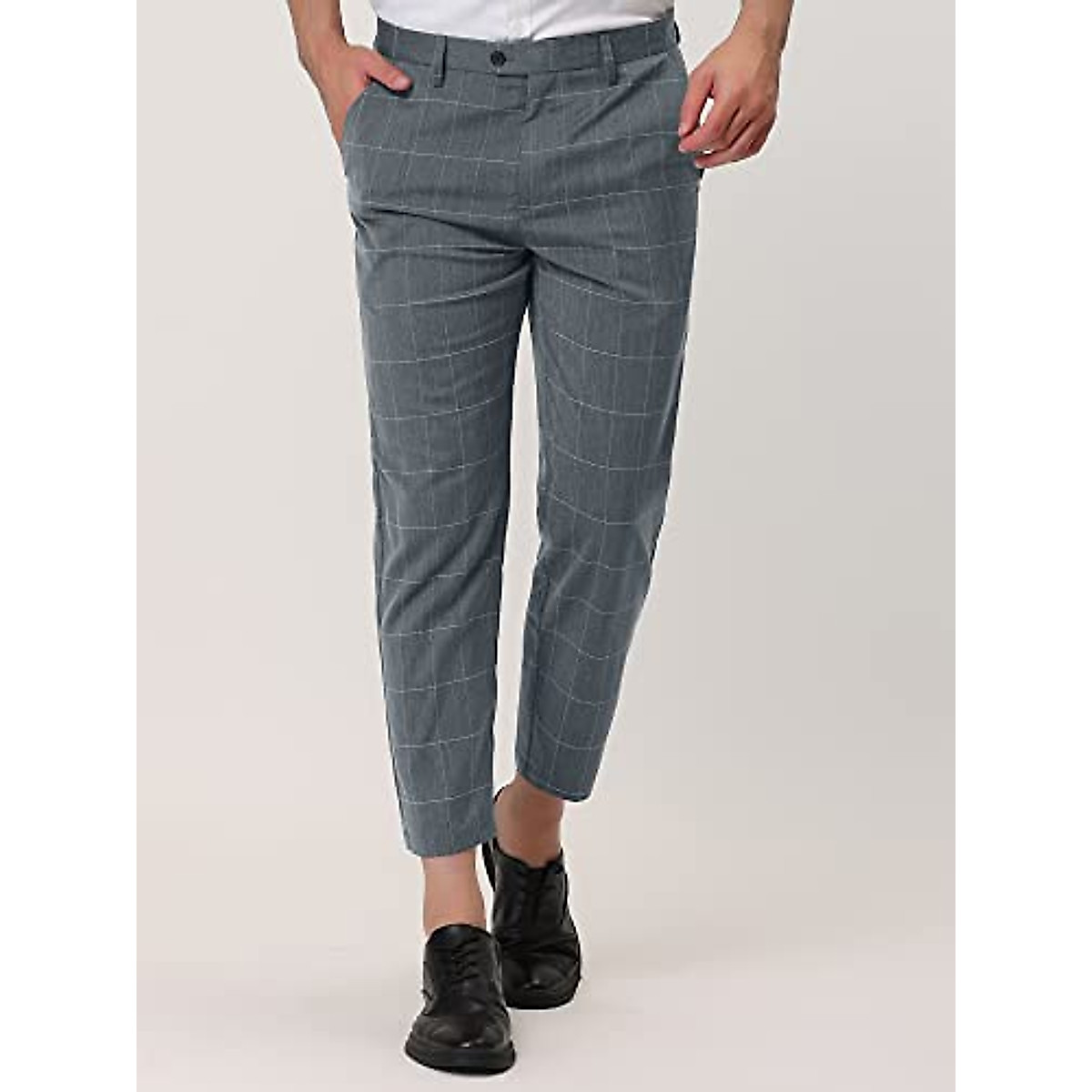 Lars Amadeus Men's Dress Plaid Cropped Pants Slim Fit Flat Front Business Checked Trousers 32 Gray