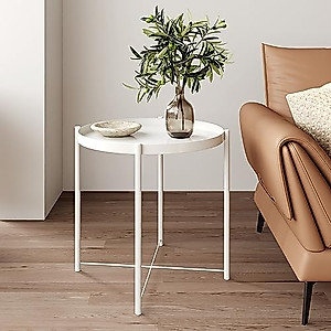 Fixwal End Table, Folding Metal Side Table White Small Coffee Table Sofa Side Table with Removable Tray for Living Room Bedroom Balcony and Office
