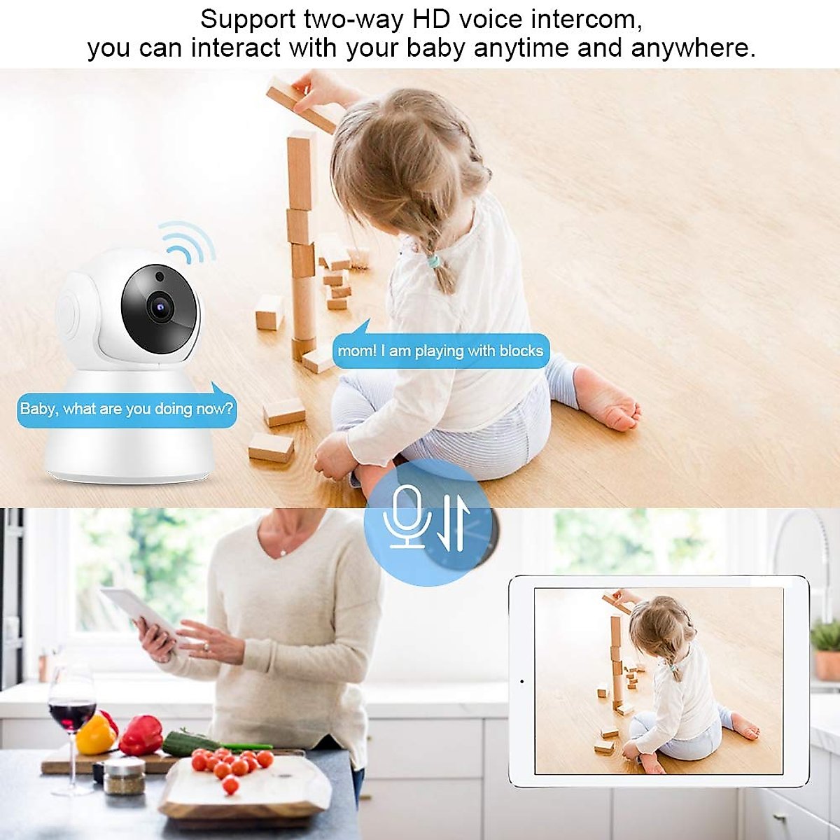 Tosuny WiFi IP Babycam 1080P Video Baby Monitor Wireless 2-Way Intercom Baby Care Monitor Indoor PTZ Home Security Camera, Support PIR Motion Detection/Loop Recording (US)