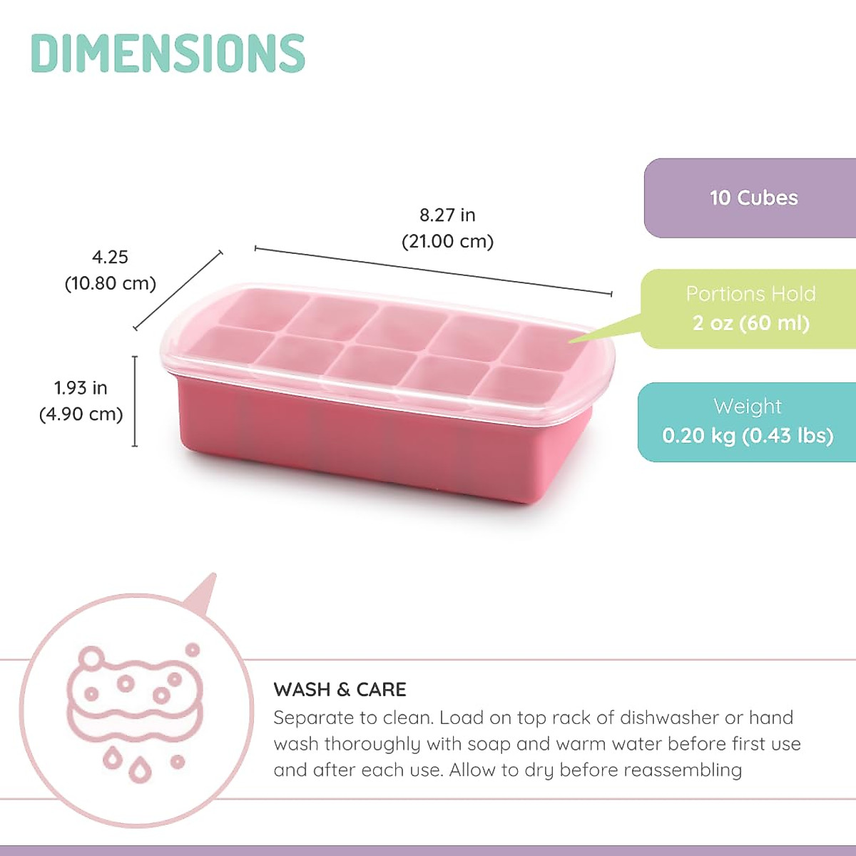 melii Silicone Baby Food Freezer Tray with Lid – Versatile 10-Cup 2oz Portion Tray for Freezing Breastmilk, Homemade Baby Food, Sauces, Smoothies, Snacks – Microwave, Freezer Safe - Pink