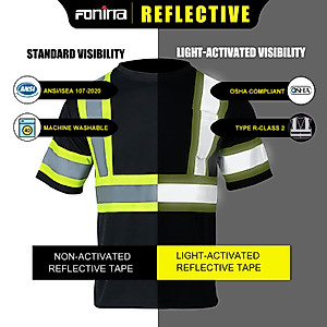 FONIRRA Safety Reflective High Visibility Shirt for Men ANSI Class 3 Hi Vis Construction Work Shirts with Short Sleeve(Black,L)