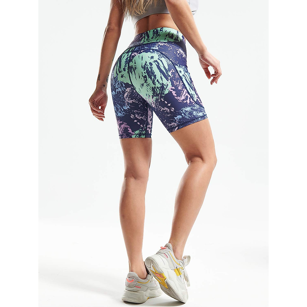 CADMUS High Waist Tummy Control Compression Shorts for Women Fitness Workout Running Shorts with Pockets23# Navy Pink & White Grey, Pack of 2, S