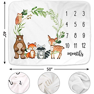 Woodland Baby Monthly Milestone Blanket, Woodland Animals Baby Growth Chart Monthly Blanket, Woodland Forest Nursery Decor, Includes Marker (50@)