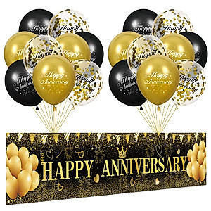 Black Gold Wedding Anniversary Decoration, Black Gold Happy Anniversary Yard Banner and 18Pcs Happy Anniversary Latex Balloons for Black Gold Wedding Anniversary Birthday Party Decorations
