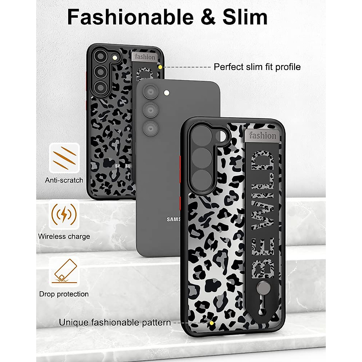 Cisland Leopard Cheetah A54 Case with Strap Stand Kickstand, Cute Case for Women Girly Designer for Girls Silicone Compatible with Samsung Galaxy A54 5G Leopard Cheetah Print Black