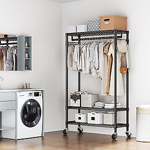 ZERDER Metal Clothing Rack for Closet, Heavy Duty Clothes Rack with 1 Hanging Rods,3 Tiers Shelves and Side Hooks, Freestanding Garment Rack