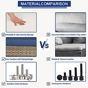 BPTD 5 Piece Patio Conversation Set Balcony Furniture PE Wicker Rattan Outdoor Lounge Chairs with Cushions and 2 Ottoman Glass Table for Porch, Lawn (Brown-Navy Blue)