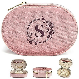 Initial S Oval Velvet Travel Jewelry Box for Girls, Jewelry Holder Organizer - Birthday Gifts for Women, Women Gifts for Christmas - Gifts for Her Friends Female Mom Sister Coworker Bridemaids Wife