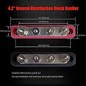 4 Terminals Bus Bar, Ampper 4.2" Power/Ground Distribution Block Brass Battery BusBar Junction for Car Vehicle Rv Truck Marine Boat Audio Amplifier and More (Red & Black)